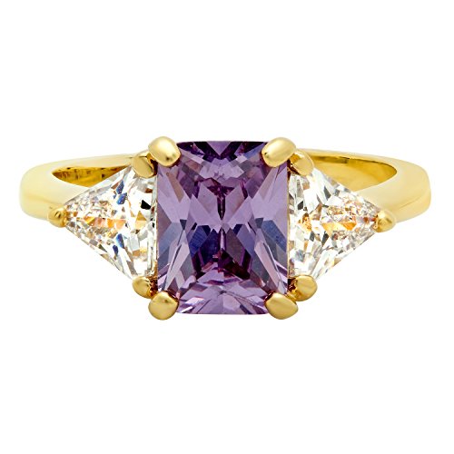 The Bling Factory Gold Plated Emerald-Cut Light Lavender CZ Three-Stone Ring, Size 8