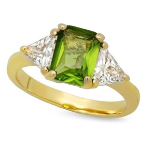 the bling factory gold plated emerald-cut chartreuse green cz three-stone ring, size 7