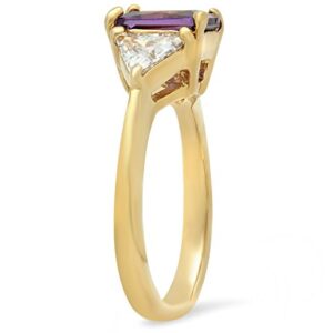 The Bling Factory Gold Plated Emerald-Cut Violet Purple CZ Three-Stone Ring, Size 6.5