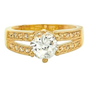 The Bling Factory Gold Plated Round CZ Solitaire Ring w/Dual Rows of Accent CZs, Size 9