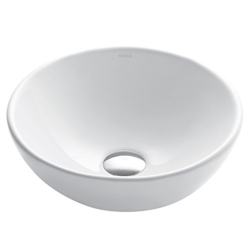 KRAUS Elavo Round Vessel White Porcelain Ceramic Bathroom Sink, 14 inch KCV-341