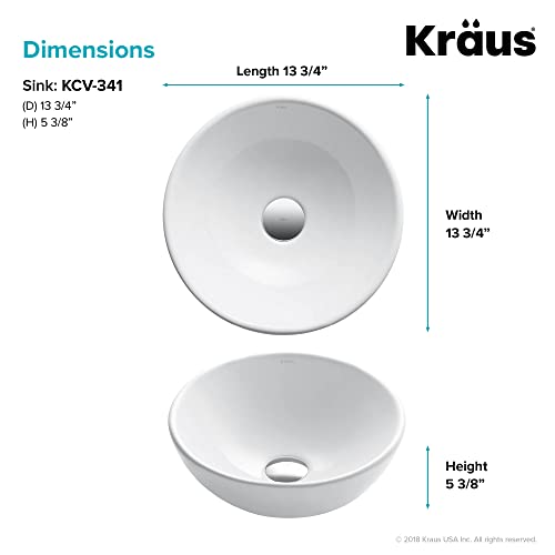 KRAUS Elavo Round Vessel White Porcelain Ceramic Bathroom Sink, 14 inch KCV-341