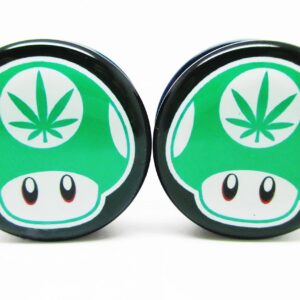 Pierced Republic Green 1-Up Mushroom Pot Leaf Ear Plugs - Acrylic Screw-On - 10 Sizes - *Pair* (0 Gauge (8mm))