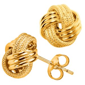 10k yellow gold shiny and textured triple love knot stud earrings, 9mm