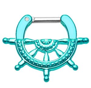 bright aqua boating wheel helm nautical septum clicker nose ring hoop stainless surgical steel jewelry piercing 16g