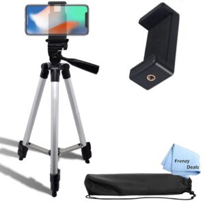 50â€ inch camera tripod for all smartphones, phablets, cameras & camcorders + water resistant carrying case + frenzy deals microfiber cloth