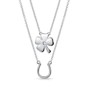 personalized engrave layering four leaf clover shamrock irish lucky horseshoe pendant necklace western jewelry for women teens .925 sterling silver custom engraved