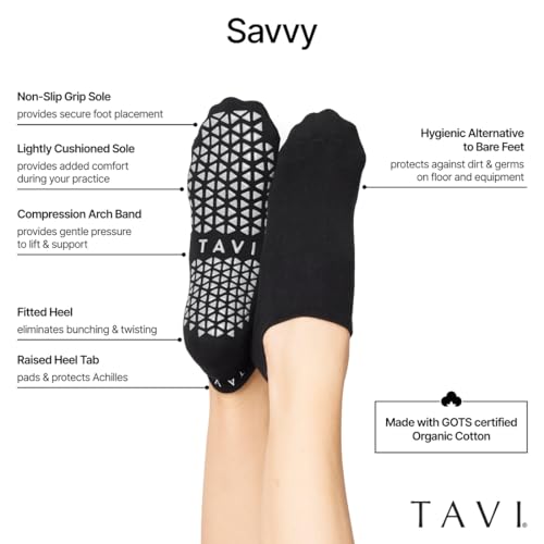 TAVI Women’s Savvy Non-Slip Socks - Grip Barre, Dance, Pilates, Yoga Socks, Medium, Ebony