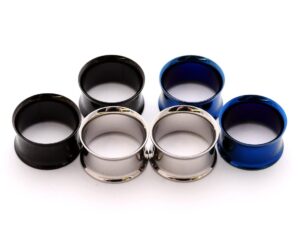 mystic metals body jewelry set of 3 pairs steel double flare tunnels - 00g - 10mm - (blue, black, steel)