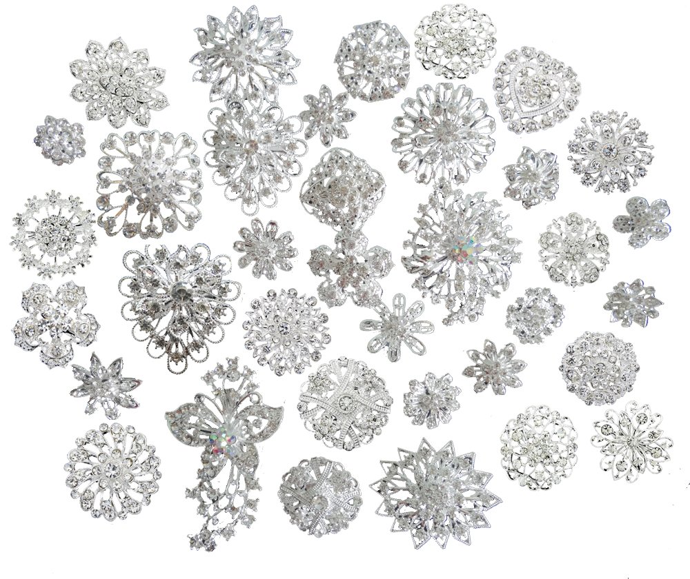 L'VOW Silver Crystal Broaches Brooch Pins Wedding Brooches Bouquet Kit Pack of 25Pcs