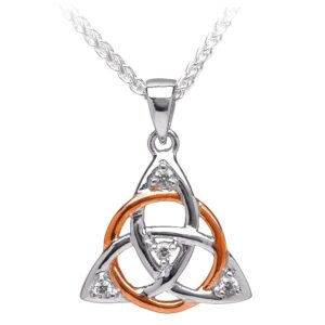 biddy murphy 925 sterling silver celtic trinity knot necklace for women, 10k rose gold, brilliant cz cubic zirconia inlay, good luck pendant, fine traditional jewelry, made in ireland