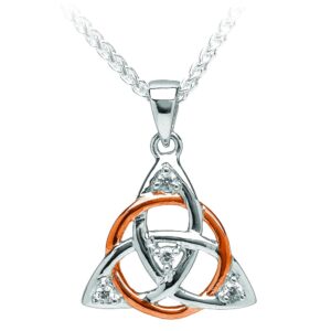 Biddy Murphy 925 Sterling Silver Celtic Trinity Knot Necklace for Women, 10k Rose Gold, Brilliant CZ Cubic Zirconia Inlay, Good Luck Pendant, Fine Traditional Jewelry, Made in Ireland