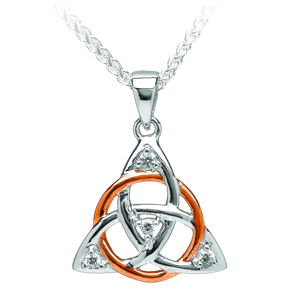 Biddy Murphy 925 Sterling Silver Celtic Trinity Knot Necklace for Women, 10k Rose Gold, Brilliant CZ Cubic Zirconia Inlay, Good Luck Pendant, Fine Traditional Jewelry, Made in Ireland