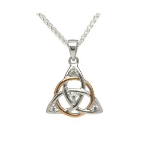 Biddy Murphy 925 Sterling Silver Celtic Trinity Knot Necklace for Women, 10k Rose Gold, Brilliant CZ Cubic Zirconia Inlay, Good Luck Pendant, Fine Traditional Jewelry, Made in Ireland