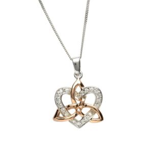 biddy murphy rose gold celtic trinity knot necklace for women, 925 sterling silver heart, brilliant cubic zirconia inlay, irish symbol for love, honor, protection, 18", made in ireland