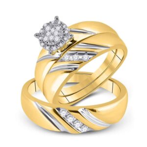 sizes - l = 4, m = 10 - 10k yellow gold diamond wedding mens and ladies couple his & hers trio 3 three ring bridal matching engagement wedding ring band set (0.19 cttw.) - please use drop down menu to select your desired ring sizes