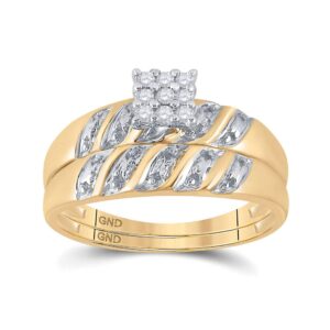 Sizes - L = 7, M = 10 - 10k Yellow and White 2 Two Tone Gold Mens and Ladies Couple His & Hers Trio 3 Three Ring Bridal Matching Engagement Wedding Ring Band Set - Round Diamonds - Princess Shape Center Setting (.09 cttw) - Please use drop down menu to se