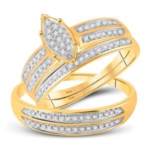 sizes - l = 9, m = 9 - 10k yellow two tone gold round diamond trio three ring set - matching his and hers engagement ring & wedding bands - micro pave marquise center setting shape (.28 cttw.) - please use drop down menu to select your desired ring sizes