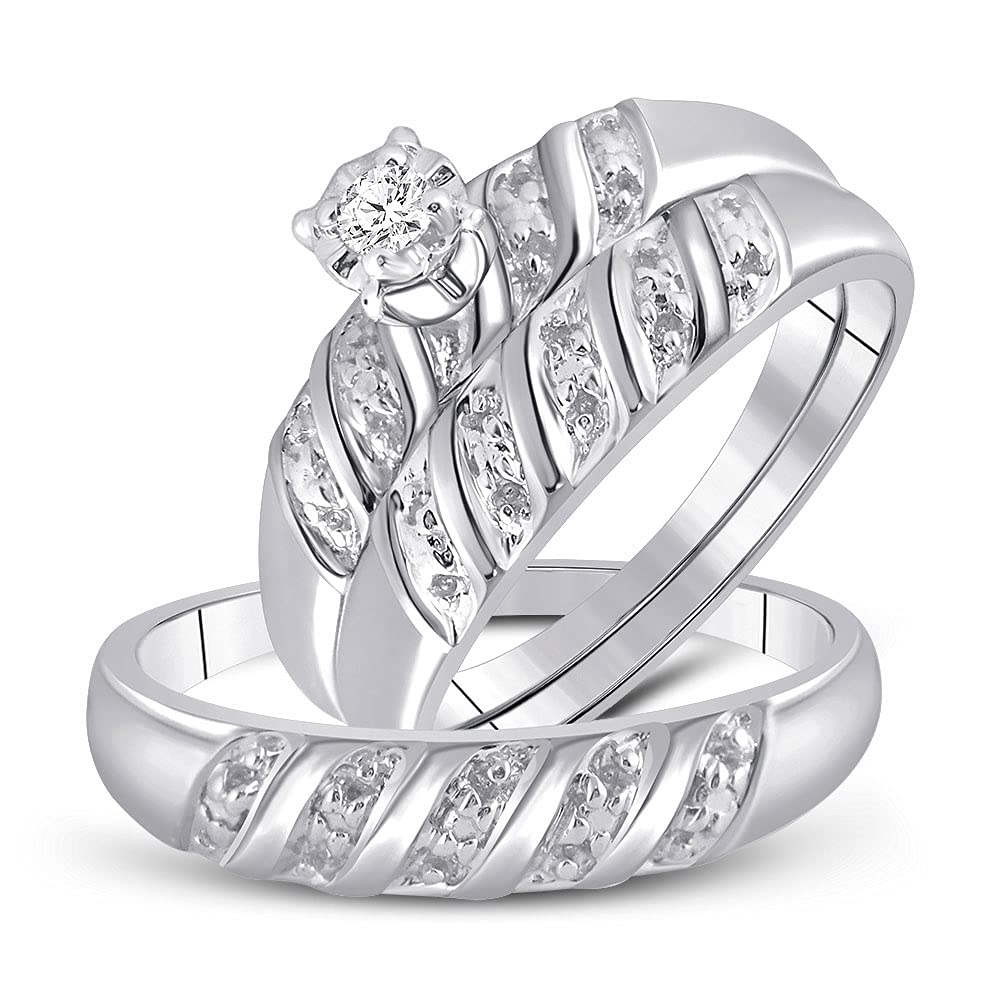 Sizes - L = 5.5, M = 9 - 10k White Gold Diamond Round Center Mens And Ladies Couple His & Hers Trio 3 Three Ring Bridal Matching Engagement Wedding Ring Band Set (0.07 cttw.) - Please use drop down menu to select your desired ring sizes