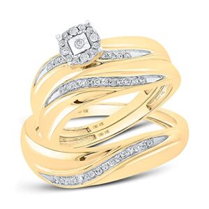 sizes - l = 5.5, m = 11.5 - 10k yellow two tone gold round diamond halo circle trio three ring set - matching his and hers engagement ring & wedding bands - prong set solitaire center setting shape (1/5 cttw.) - please use drop down menu to select your de