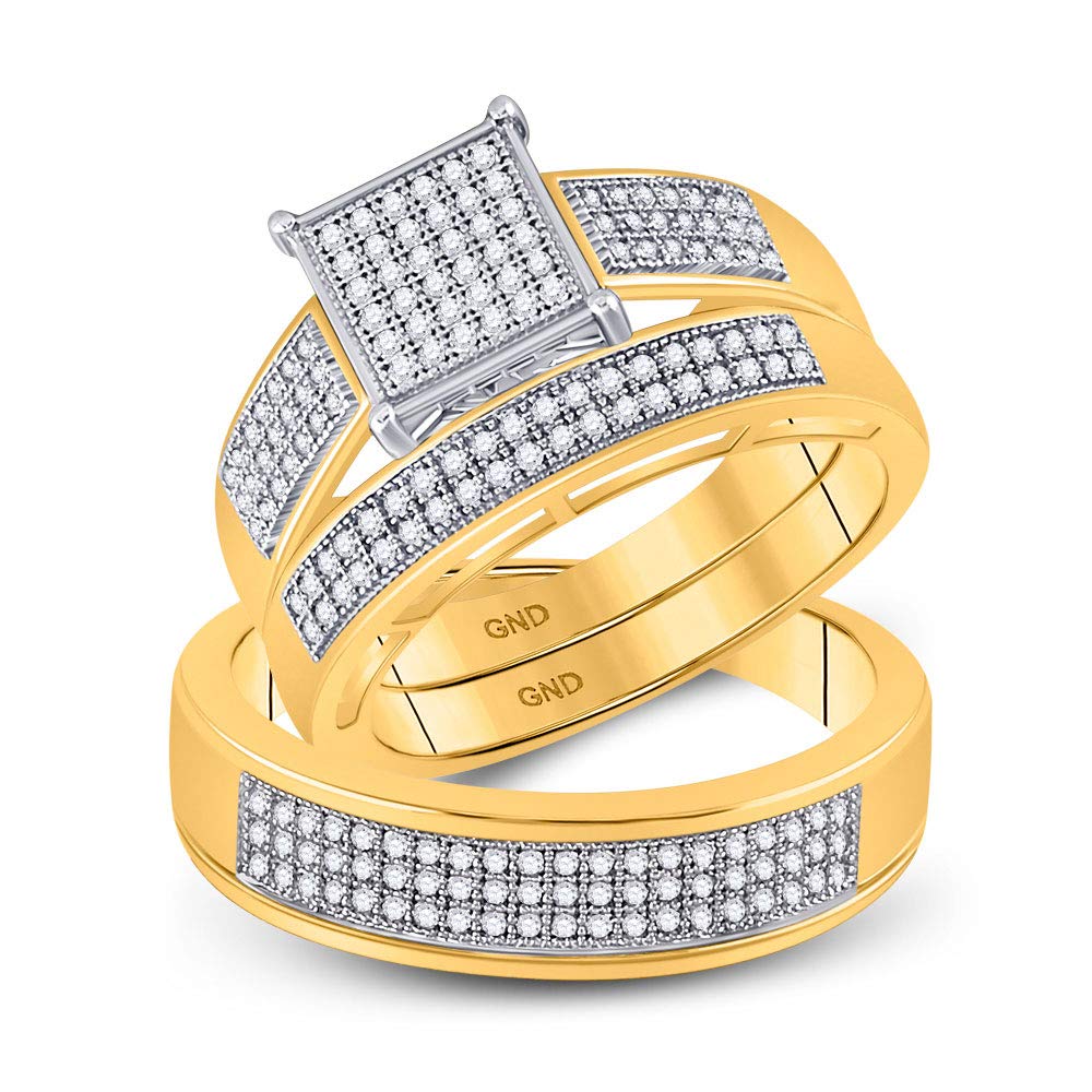 Sizes - L = 4.5, M = 9.5 - 10k Yellow Gold Mens and Ladies Couple His & Hers Trio 3 Three Ring Bridal Matching Engagement Wedding Ring Band Set - Round Diamonds - Micro Pave Princess Shape Center Setting (3/5 cttw) - Please use drop down menu to select yo