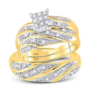 sizes - l = 6, m = 8 - 14k yellow gold mens and ladies couple his & hers trio 3 three ring bridal matching engagement wedding ring band set - round diamonds - princess shape center setting (1/4 cttw) - please use drop down menu to select your desired ring