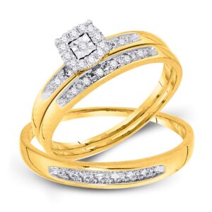 sizes - l = 7.5, m = 10 - 10k yellow two tone gold round diamond halo circle trio three ring set - matching his and hers engagement ring & wedding bands - prong set solitaire center setting shape (.08 cttw.) - please use drop down menu to select your desi