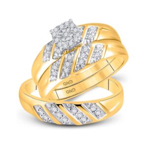 sizes - l = 8, m = 11 - 10k yellow two tone gold round diamond halo circle trio three ring set - matching his and hers engagement ring & wedding bands - prong set solitaire center setting shape with channel set side stones (.28 cttw.) - please use drop do