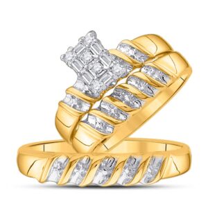 sizes - l = 6.5, m = 9 - 10k yellow and white 2 two tone gold mens and ladies couple his & hers trio 3 three ring bridal matching engagement wedding ring band set - round and baguette diamonds - emerald shape center setting (1/10 cttw) - please use drop d