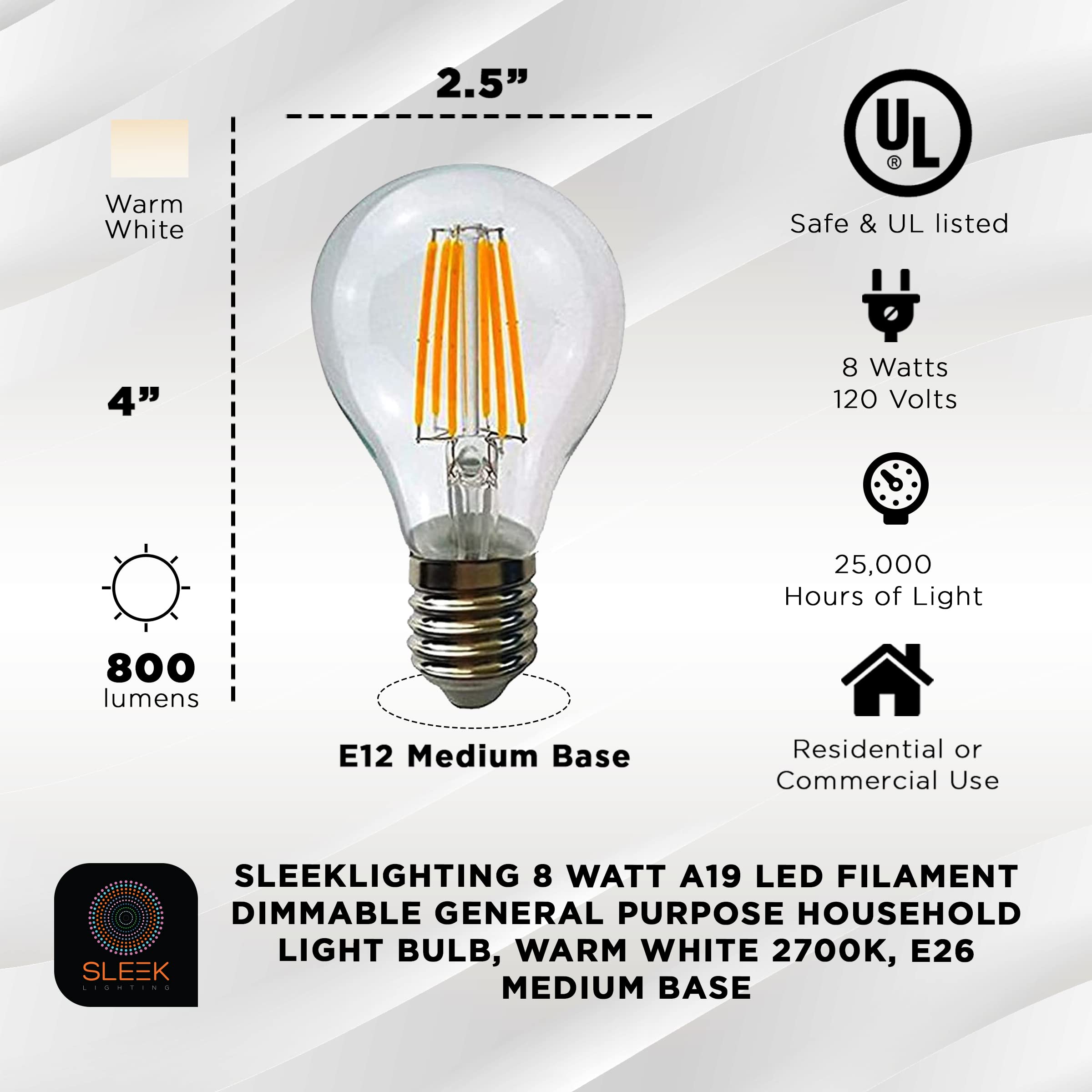 SleekLighting 8 Watt A19 LED Filament Dimmable General Purpose Household Light Bulb, Warm White 2700K, E26 Medium Base 4 PACK (A60)