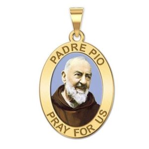 picturesongold.com padre pio - oval - 2/3 x 3/4 inch size of nickel, solid 14k yellow gold with engraving