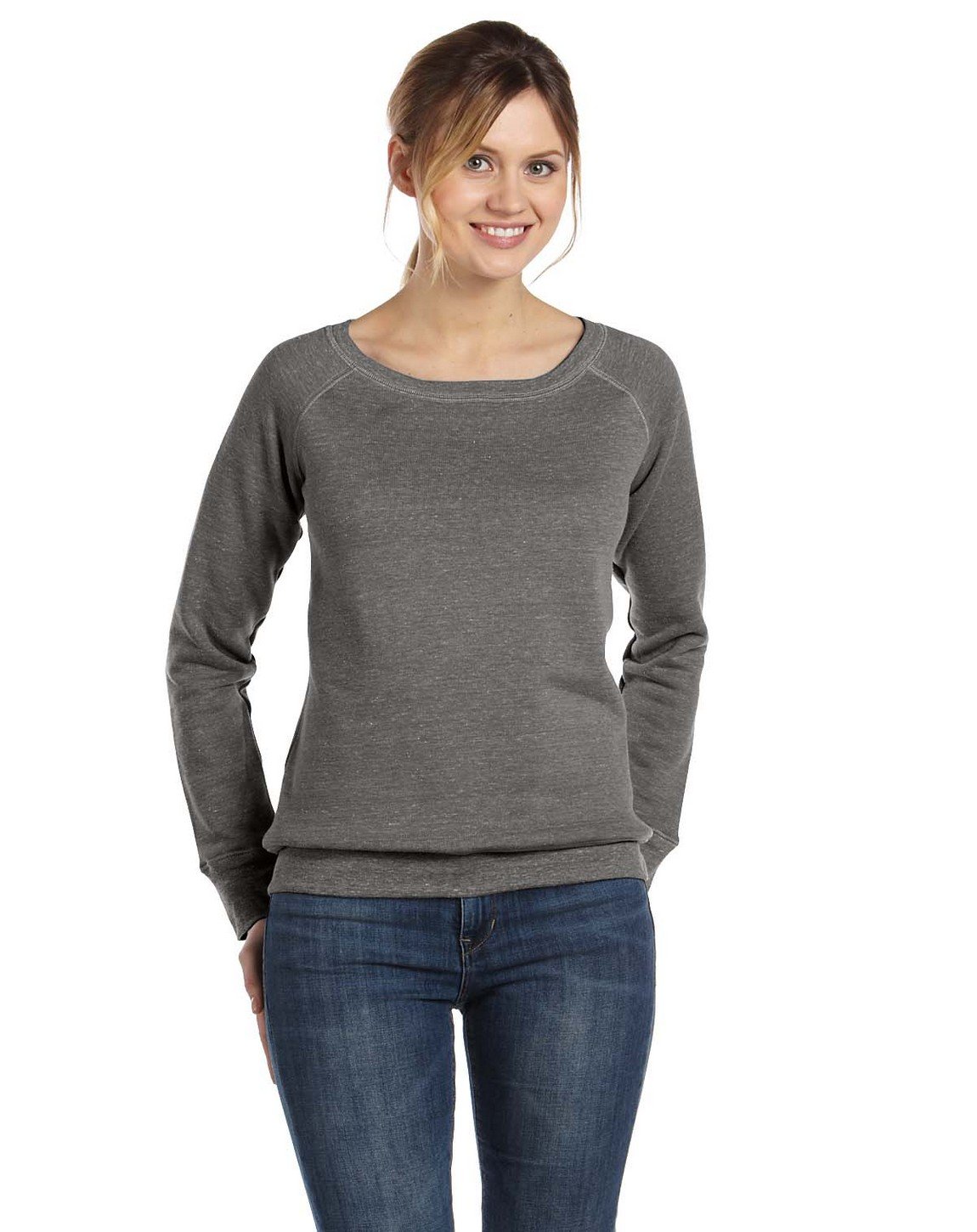 Bella + Canvas Ladies Fleece Wide Neck Sweatshirt, Small, LT Grey Marble