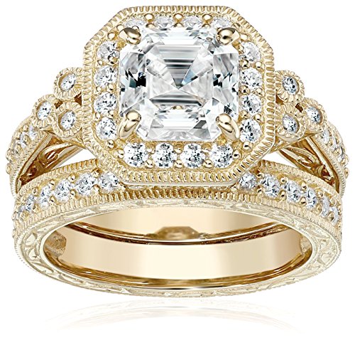 Amazon Essentials Yellow Gold Plated Sterling Silver Infinite Elements Cubic Zirconia Asscher Antique Wedding Ring, Size 5, (previously Amazon Collection)