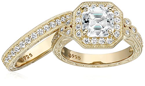 Amazon Essentials Yellow Gold Plated Sterling Silver Infinite Elements Cubic Zirconia Asscher Antique Wedding Ring, Size 5, (previously Amazon Collection)