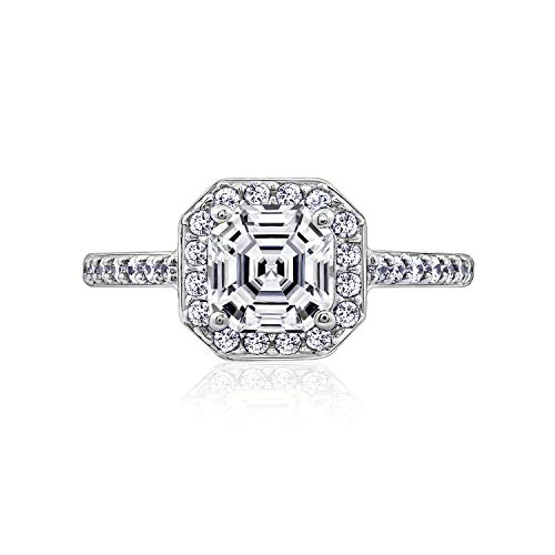 Amazon Essentials Platinum Plated Sterling Silver Halo Ring set with Asscher Cut Infinite Elements Cubic Zirconia (1.5 cttw), Size 5, (previously Amazon Collection)