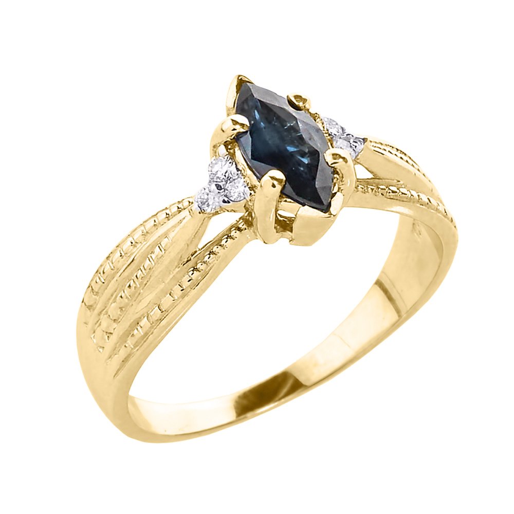 Solid 14k Yellow Gold September Birthstone Blue Sapphire and Diamond Proposal Ring (Size 7.5)