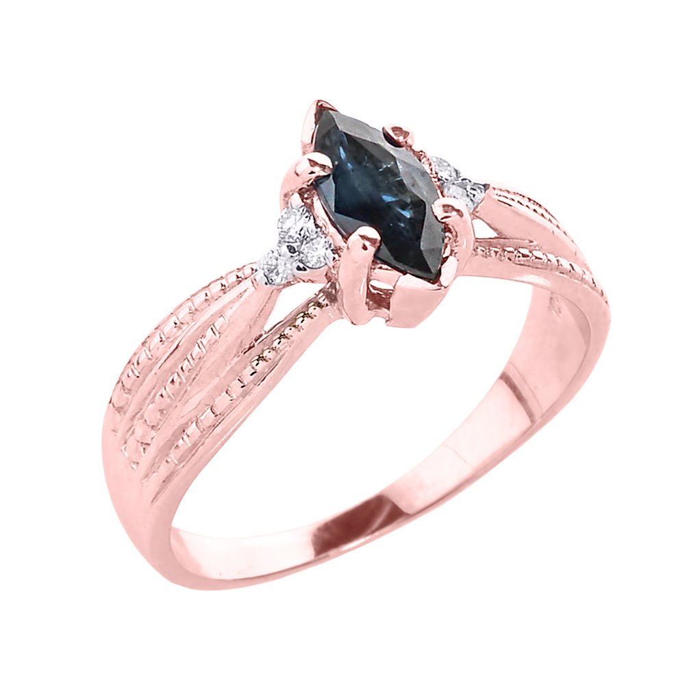 Solid 10k Rose Gold September Birthstone Blue Sapphire and Diamond Proposal Ring (Size 7)