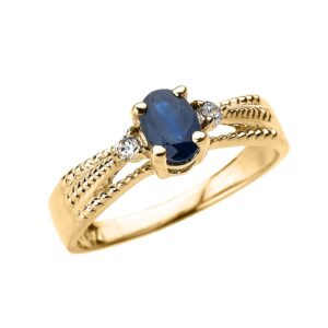 solid 10k yellow gold elegant blue sapphire and diamond proposal ring (size 7)