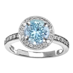 houston diamond district 1.35 carat t.w- 14k white gold halo style vintage engagement ring with milgrain 1 round cut blue aquamarine heirloom quality