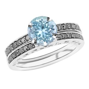 1.02 carat t.w 14k white gold pave set black diamond engagement ring and wedding band set w/a 0.75 carat round cut blue aquamarine heirloom quality