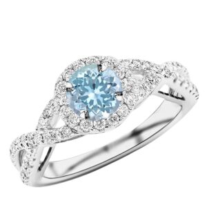 houston diamond district 1.18 carat t.w 14k white gold twisting split shank eternity love halo style engagement ring .75 round cut blue aquamarine heirloom quality.