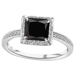 1.3 carat t.w 14k white gold victorian halo style square shaped pave set round diamond engagement ring w/a 1 carat princess cut black diamond heirloom quality