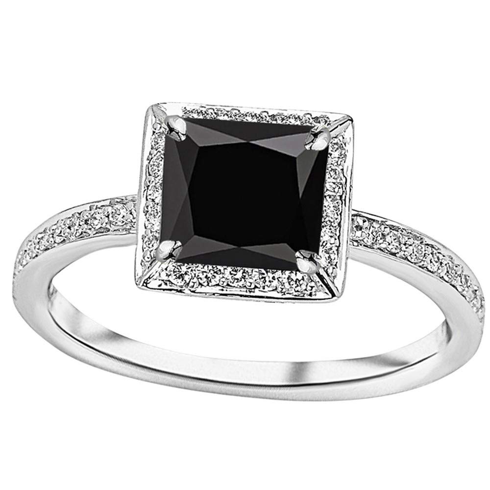 1.3 Carat t.w 14K White Gold Victorian Halo Style Square Shaped Pave Set Round Diamond Engagement Ring w/a 1 Carat Princess Cut Black Diamond Heirloom Quality