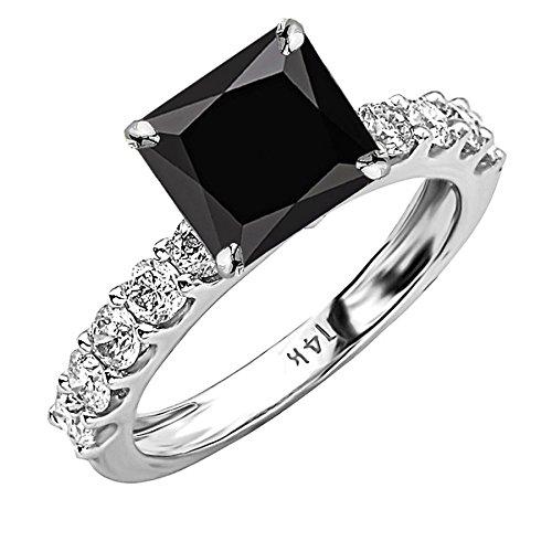 Houston Diamond District 2.9 Carat t.w 14K White Gold Classic Side Stone Prong Set Engagement Ring with a 2 Princess Cut Black Heirloom Quality