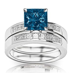 houston diamond district 1.85 carat t.w 14k white gold classic channel set princess cut engagement ring and wedding band set w/a 1 carat princess cut blue heirloom quality