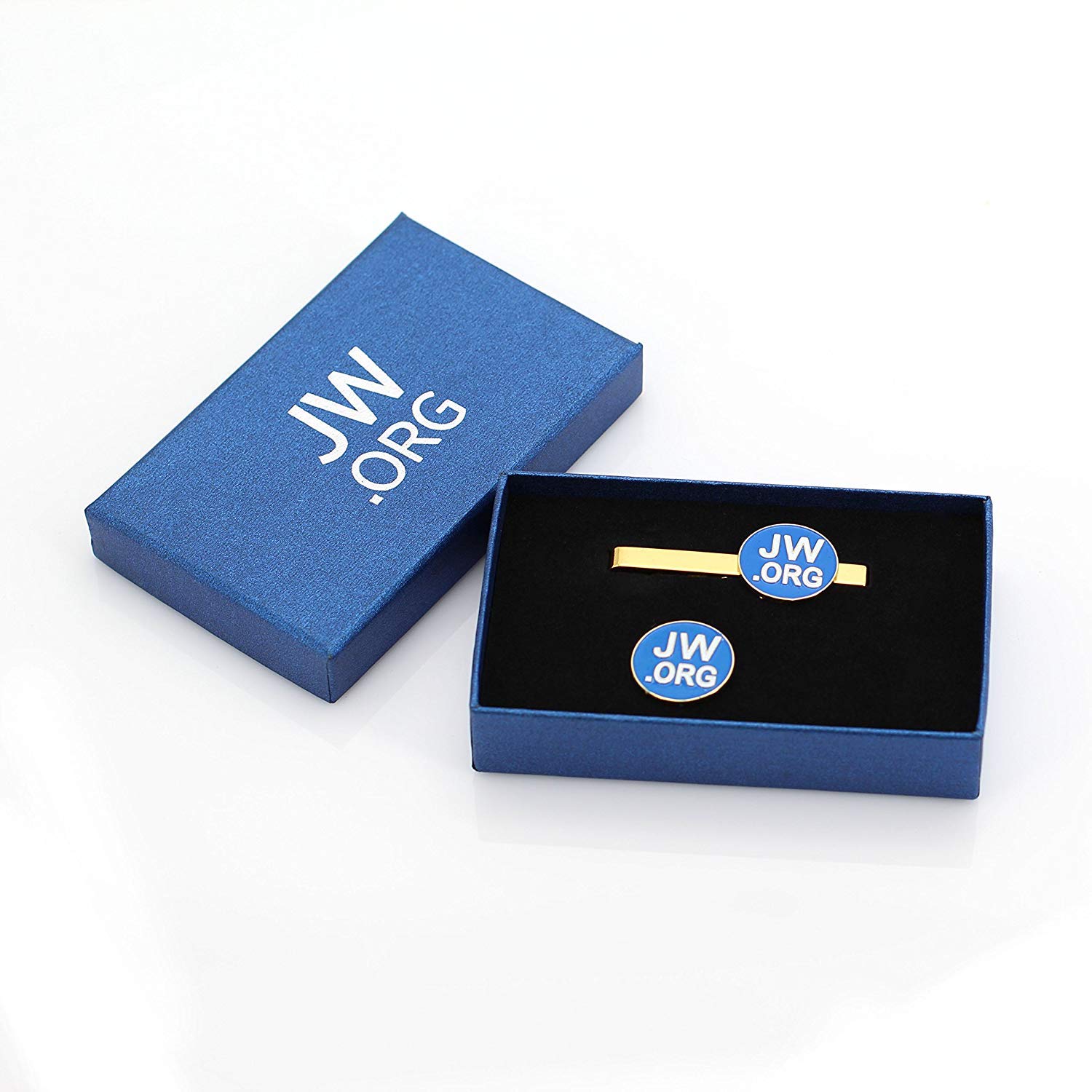 Round Jw.org Metal Necktie Clip and Lapel Pin Set with Gift Box -Blue Background-Gold Color