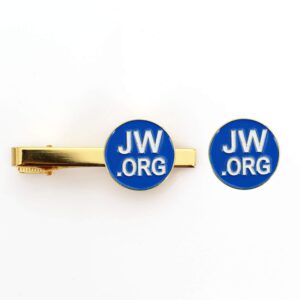 Round Jw.org Metal Necktie Clip and Lapel Pin Set with Gift Box -Blue Background-Gold Color