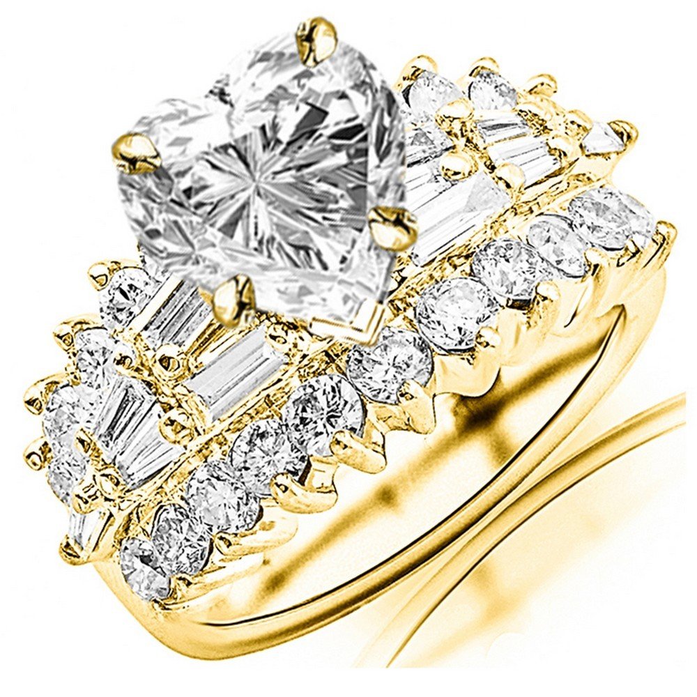 Houston Diamond District 2.9 Carat t.w. GIA Certified Heart Cut 14K Yellow Gold Exquisite Prong Set Bageutte And Round Diamond Engagement Ring (I-J Color VS1-VS2 Clarity Center Stones), 8