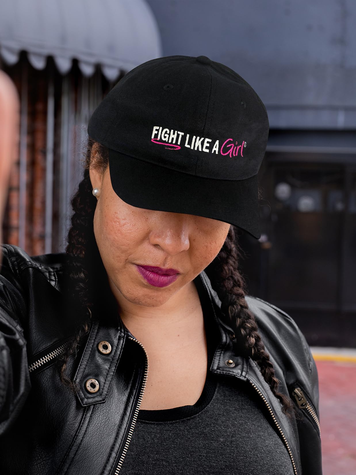 Fight Like a Girl Breast Cancer Embroidered Cap,Black,One Size