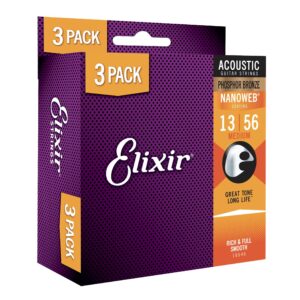 elixir strings, acoustic guitar strings, phosphor bronze with nanoweb coating, longest-lasting rich and full tone with comfortable feel, 6 string set, 3 pack, medium 13-56